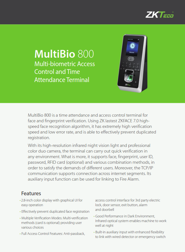 เครื่องสแกนลายนิ้วมือ ZKteco Multibio800 - เครื่องทาบบัตร เครื่องสแกน ...